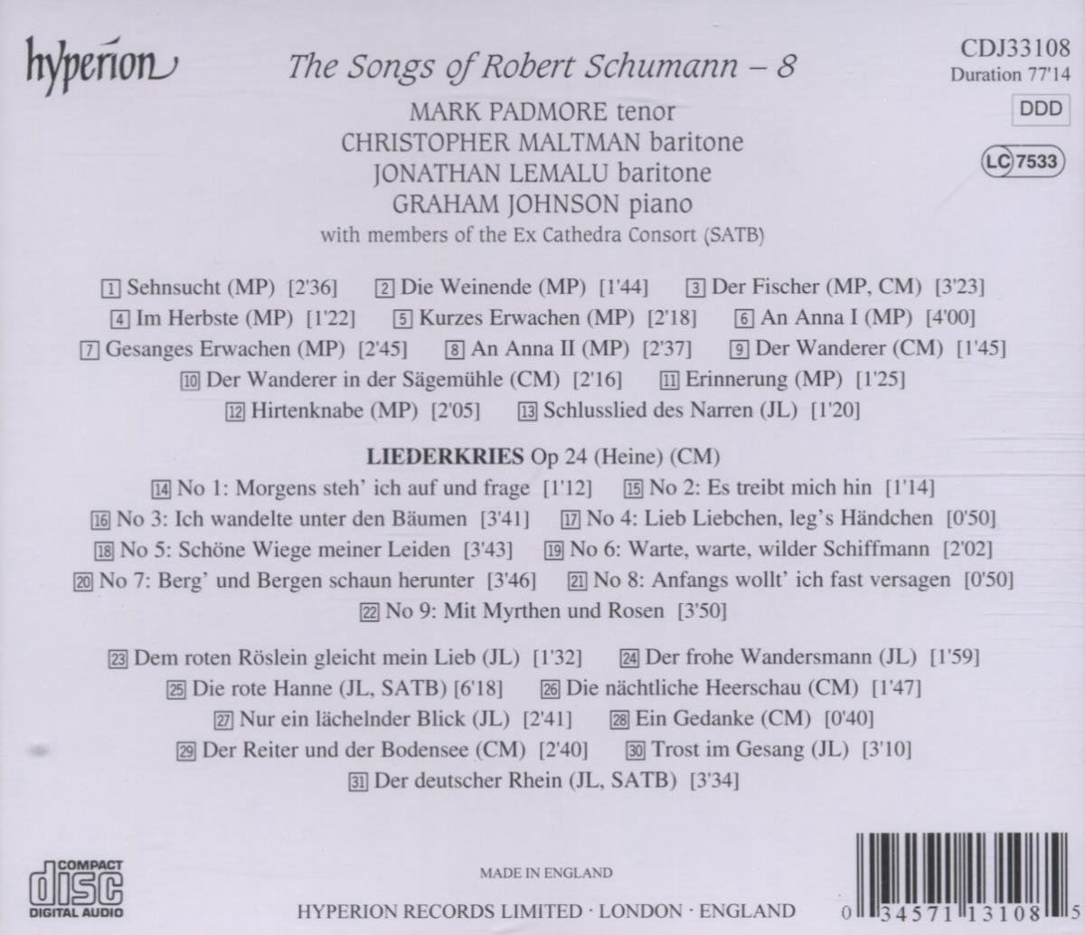Schumann: The Songs Edition - 8: Mark Padmore, Jo, Jonathan Lemalu Mark ...
