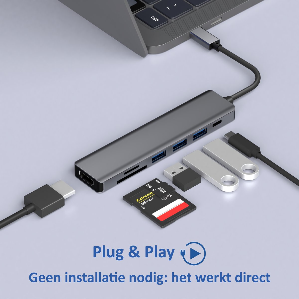 Rolio USB C Hub - 7 in 1 Hub - USB-C - 4K HDMI - USB 3.0 - SD & TF Kaartlezer - Universeel | bol