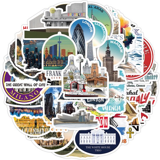 Vakantie Stickers Set - 50 stickers met Steden, Landen, Landmarks en ...