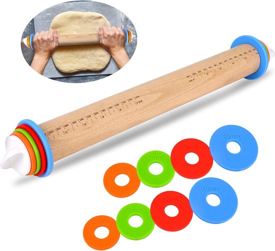 Deegroller van beukenhout, instelbare deegroller met 4 afstandhouders ...