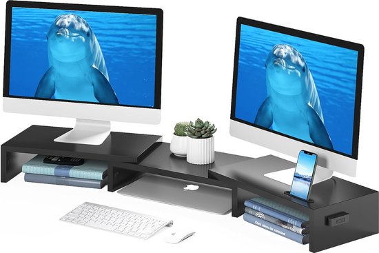 Dual Monitor Stand Riser, desktop monitorstandaard met smartphonehouder ...