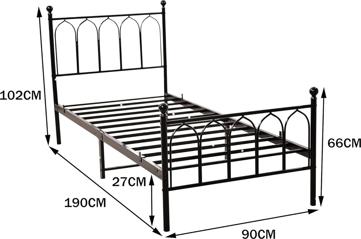 Metal Bed 90 x 200 cm Bed Frame with Slatted Frame, Double Bed/Single ...
