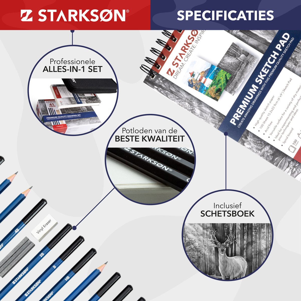 STARKSON Professioneel 41-Delige Potloden Tekenset incl. Tekenpotloden ...