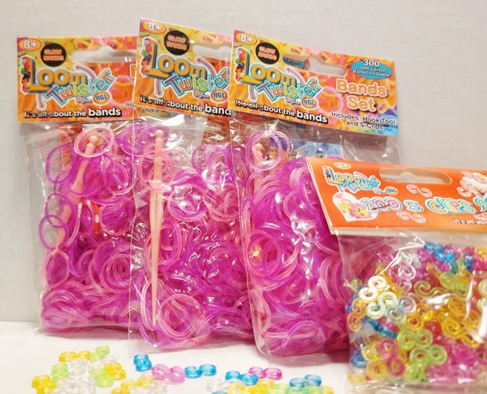 3 sets Loombandjes en 1 set s-clips Loom Twister roze / paars 3 x 300 ...