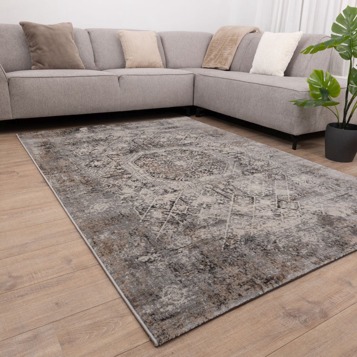 Grijs met Beige Tapijt Vintage Design Laagpolig Vloerkleed Koho ...