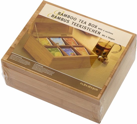 2x stuks theedoos/Theekistje van bamboe hout 6-vaks - 22 x 18 x 9 cm | bol