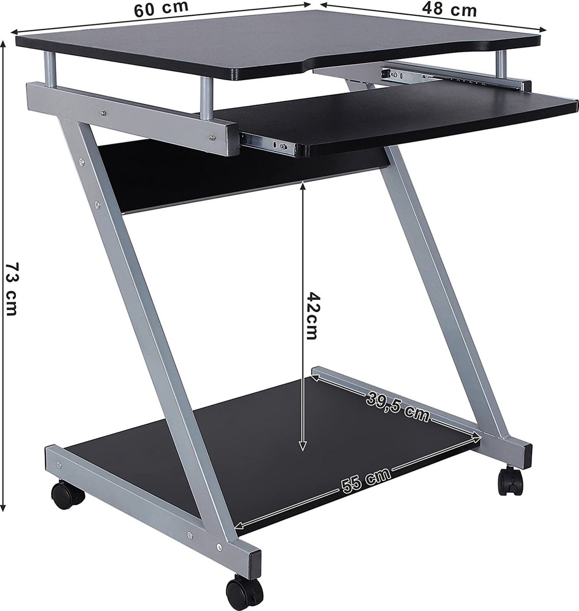 Berkatmarkt - Bureau, computertafel met 4 wielen, 2 daarvan met remmen ...