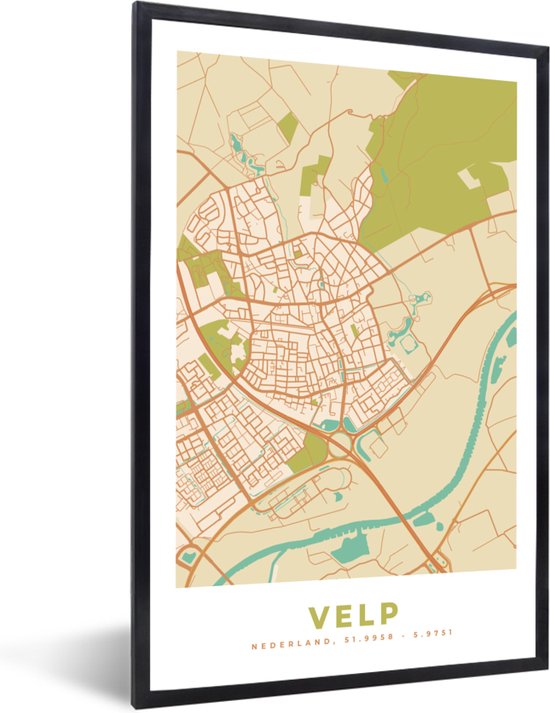 Fotolijst incl. Poster - Velp - Kaart - Plattegrond - Stadskaart - 80x120 cm - Posterlijst | bol