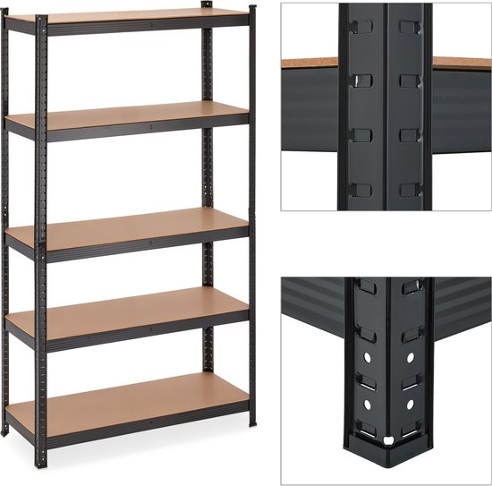 Relaxdays stellingkast staal - 180 cm - 5 planken - zwart opbergrek ...