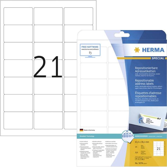 Herma 5074 Etiketten 63.5 X 38.1 Mm Papier Wit 525 Stuks Weer Verwijderbaar Universele... | bol