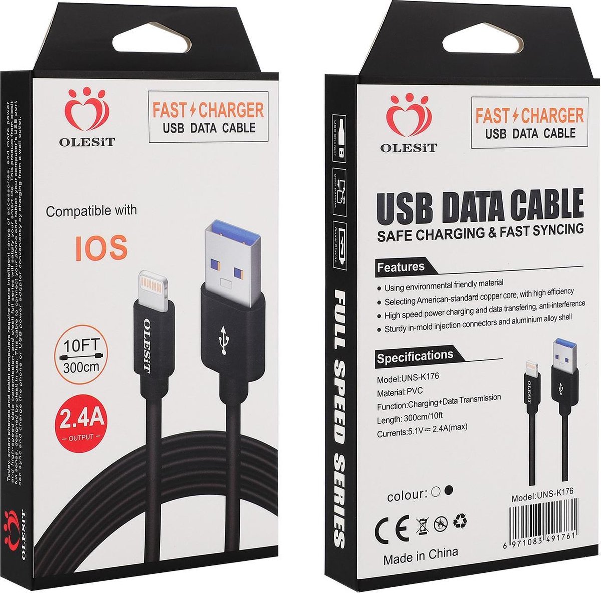 Olesit Lightning 3 Meter Fast Charge 2.4A - Oplaadkabel - Veilig laden ...