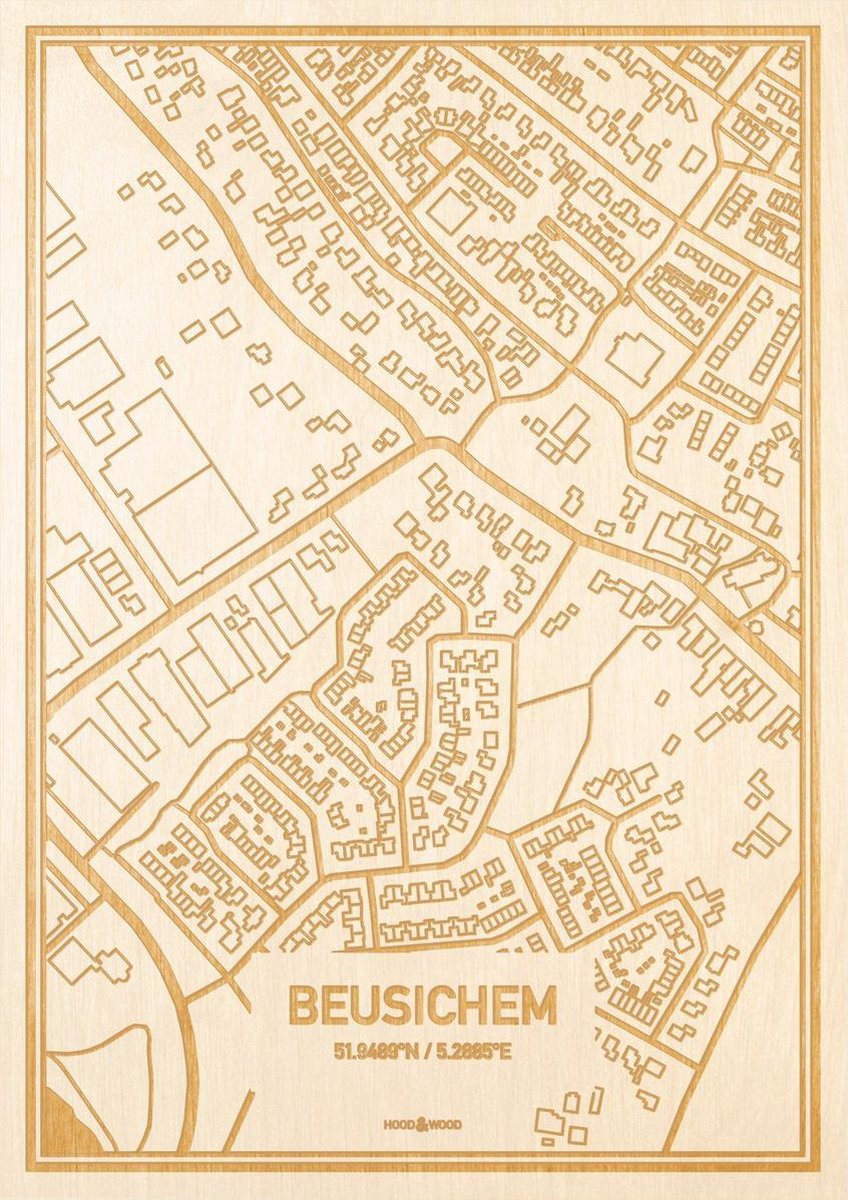 Kaart Beusichem - Gegraveerde stadskaart Hood&Wood - Hout, A4 | bol.com