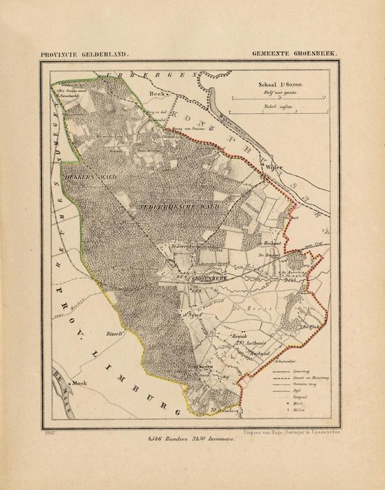 Historische kaart, plattegrond van gemeente Groesbeek in Gelderland uit ...