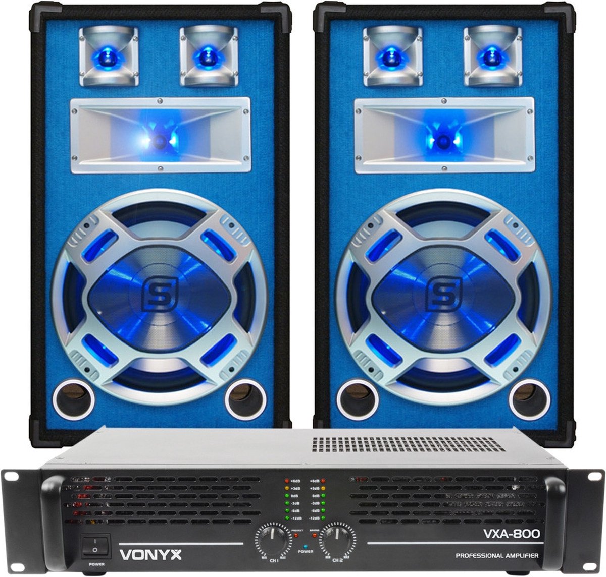 Complete DJ-set; SkyTec LED12 1200W PA Versterker met 2 Disco ...