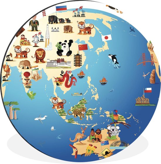 Wandcirkel Cartoon map Wereld aluminium -cartoonillustratie vanronde ...