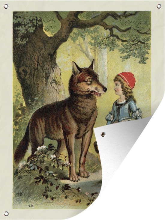 Muurdecoratie buiten Een vintage tekening van roodkapje en de boze wolf ...