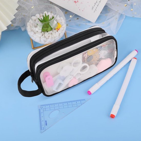2 Compartiment Etui Clear Mesh Pen Pouch Grid Make-up Cosmetica Tas ...