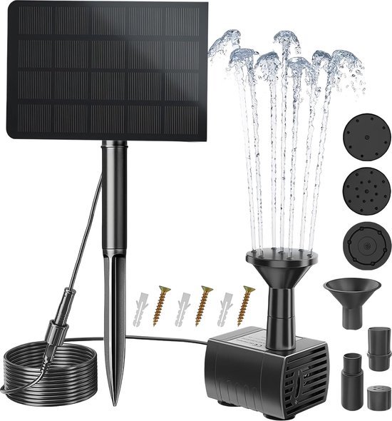 Fontein op zonne-energie 25 W met 3 m waterleiding en 4 sproeiers ...