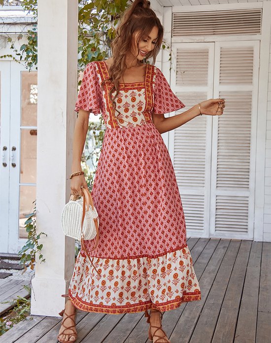Zomerjurk Boho Kort Maxi-jurk Gesmokte Strandjurk Lang Blumenjurk Ruschen Voluntary... | bol