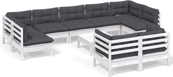 vidaXL Loungeset - 10-delig - Grenenhout - Wit Loungeset - Tuinlounge ...