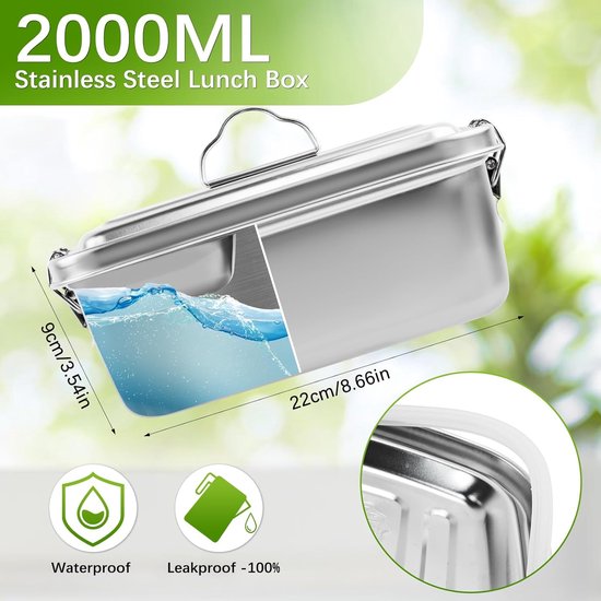 RVS Lunchbox - Dubbele Laag Luchtdicht - 2000ml - Herbruikbaar - BPA ...