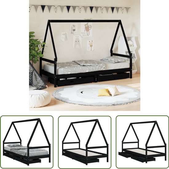 vidaXL Kinderbedframe met lades 90x200 cm zwart Kinderbed - Houten Bed ...
