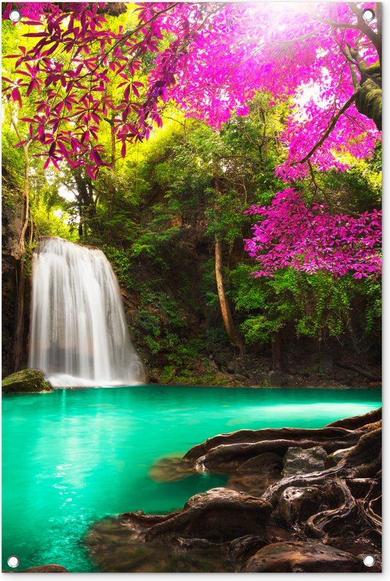 Tuinposter waterval - Bomen - Bladeren - Roze - Natuur - Tuinschilderij ...