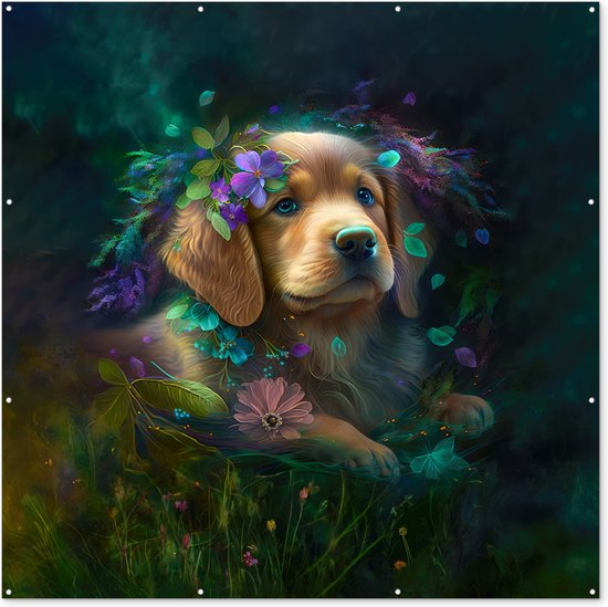 Tuin poster Hond - Puppy - Bloemen - Natuur - Golden retriever ...