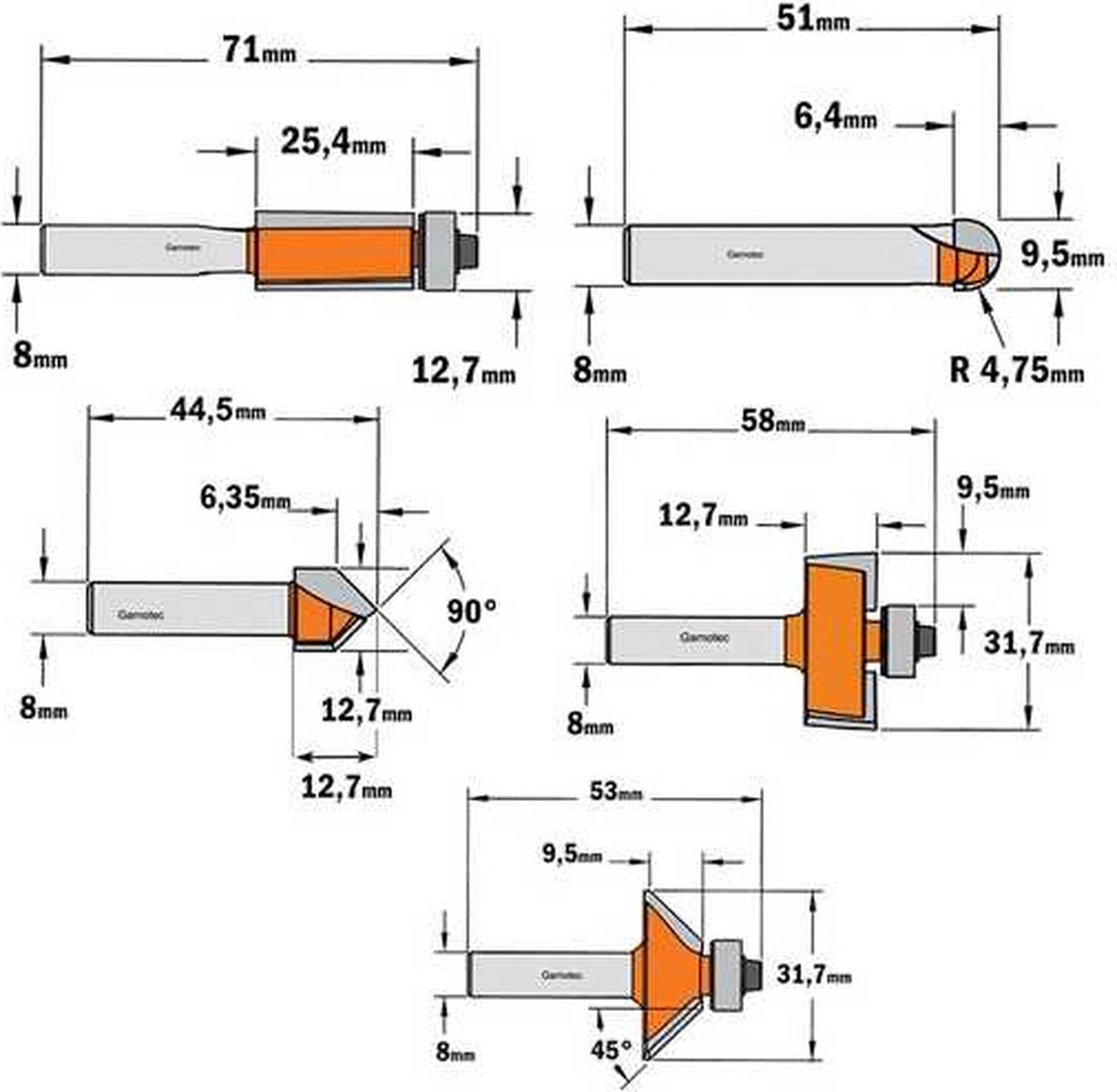 CMT - 5-delige frezenset in pvc kistje, HW - Frees - Snijgereedschappen ...