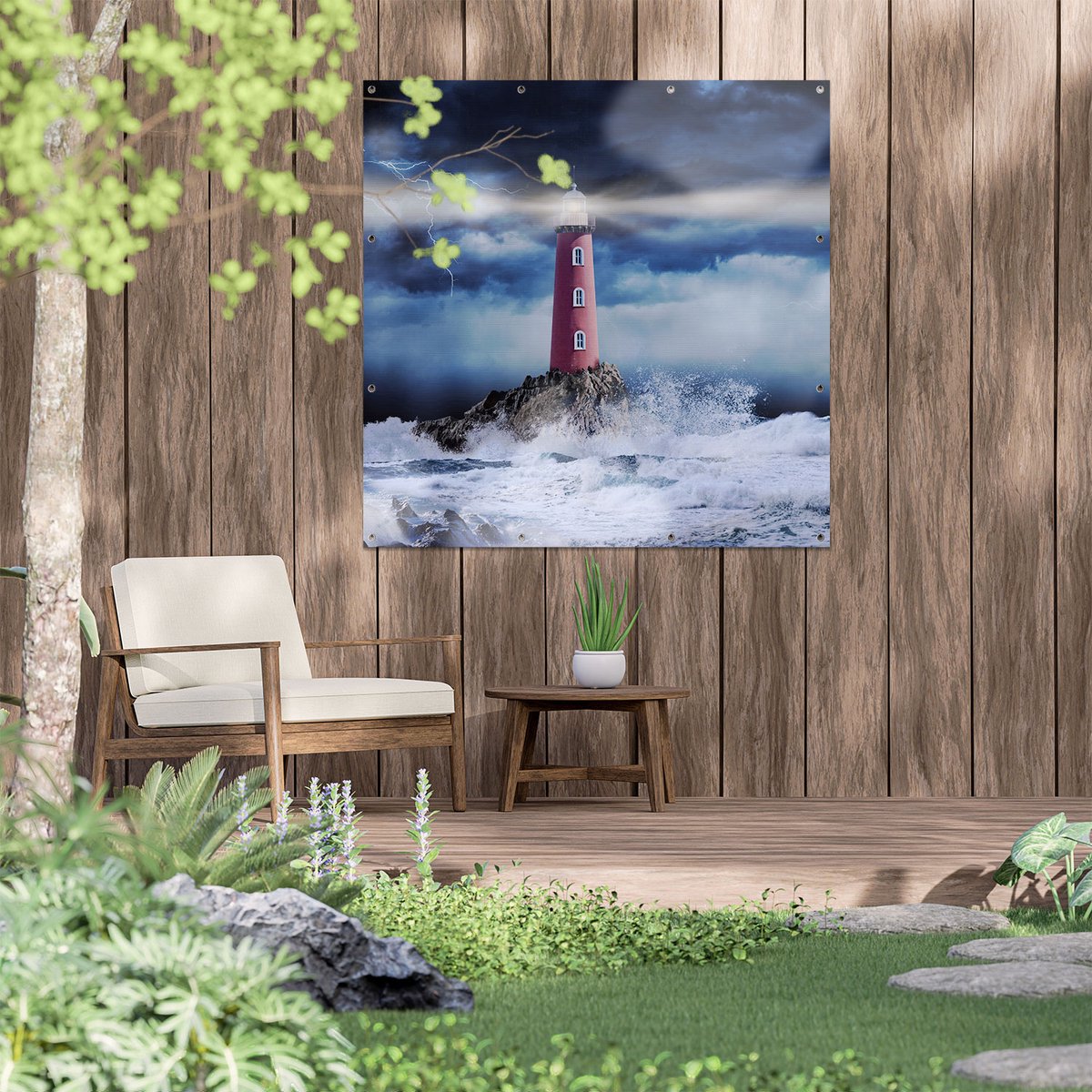 Gards Tuinposter Vuurtoren op een Storm Zee met Golfen Water - 110x110 ...