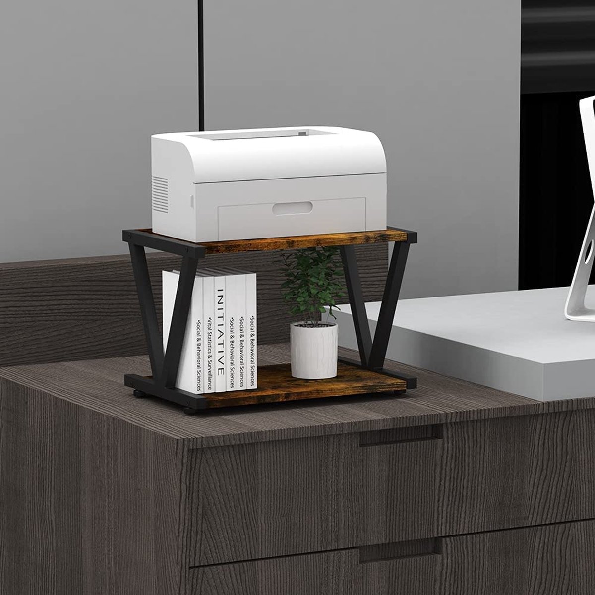 Retro desktop printerstandaard 2-traps onder bureau houten printer rek ...