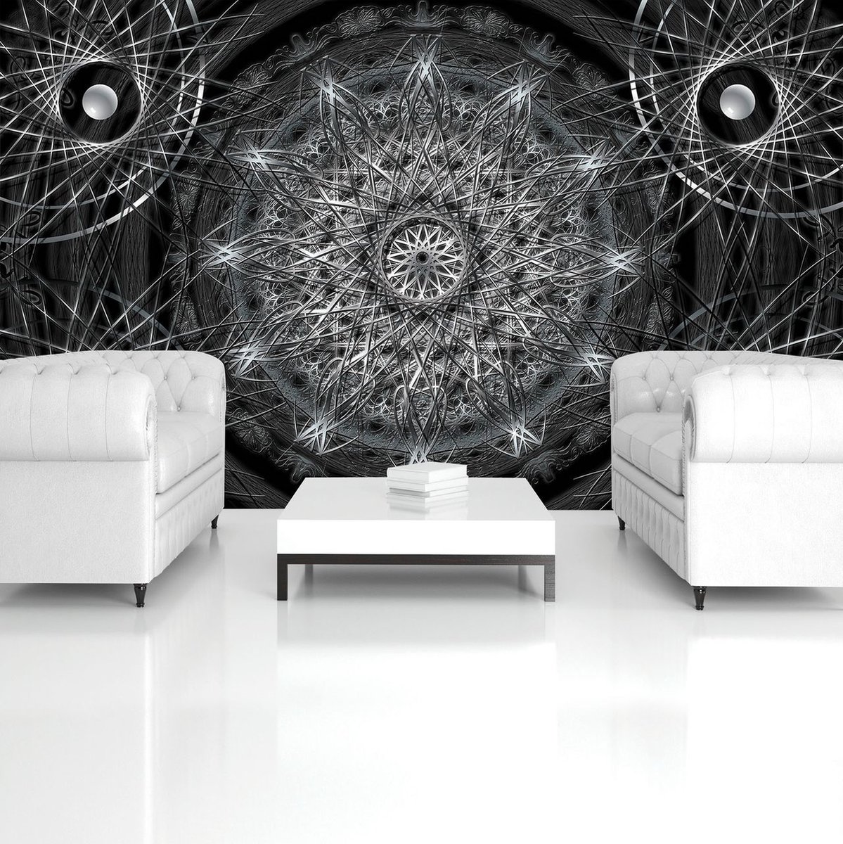 Fotobehang - Vlies Behang - Zilveren Mandala - Metalen Ornament - Kunst ...