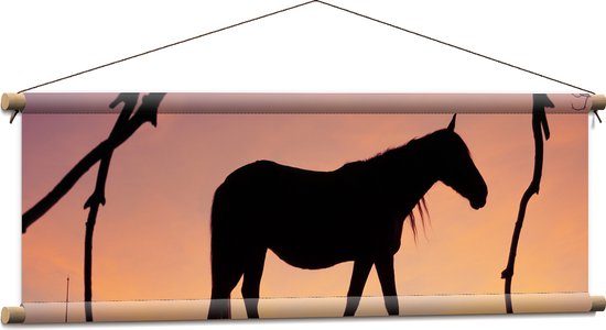 Textielposter - Silhouet van Paard onder Boom tegen Rozekleurige Lucht - 90x30 cm Foto... | bol