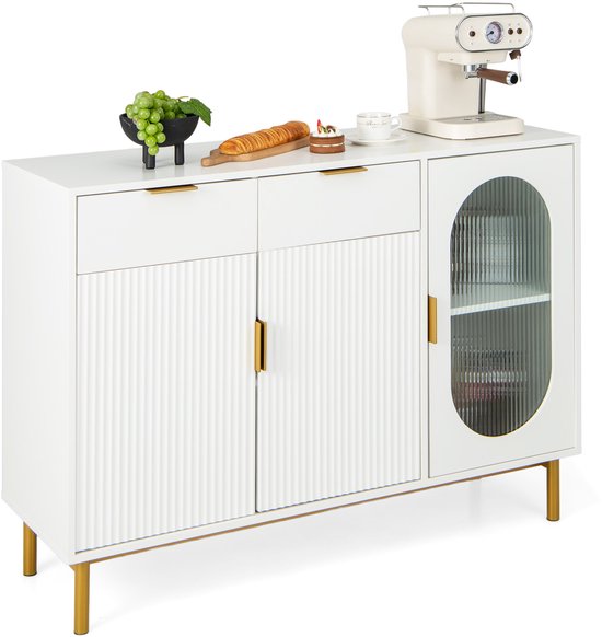 COSTWAY Buffetkast met glazen deuren, sideboard met 2 laden en metalen ...