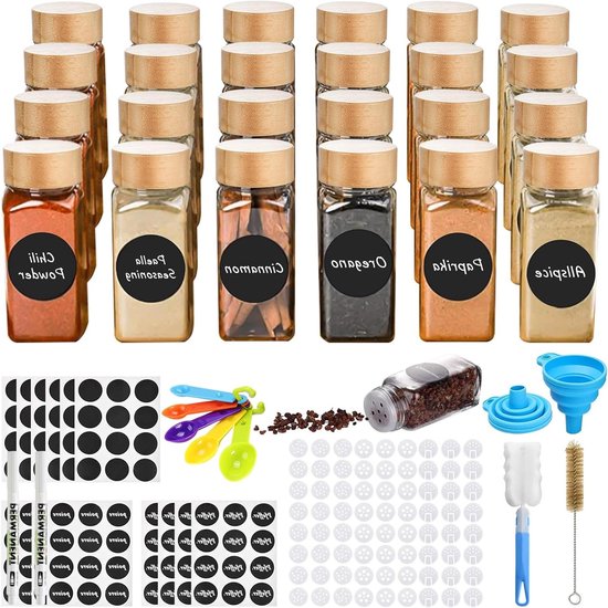 Set of 24 Square Glass Spice Jars with Labels, Shaker, Cleaning Brush ...
