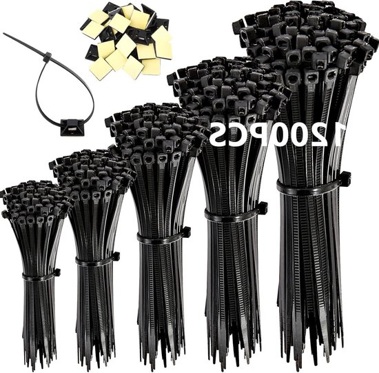 1200 Pieces Black Cable Ties Set 100/150/200/250/300mm with 30 Adhesive ...