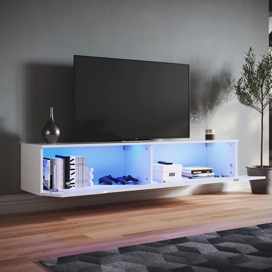 Hoogglans Wit Tv-Meubel met LED Verlichting - Wand- of Vloermodel - 160 ...