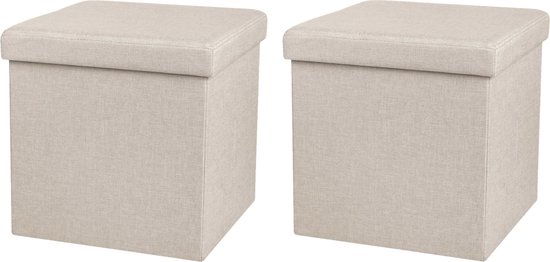 Urban Living Poef/hocker - 2x - opbergbox zit krukje - beige - linnen ...