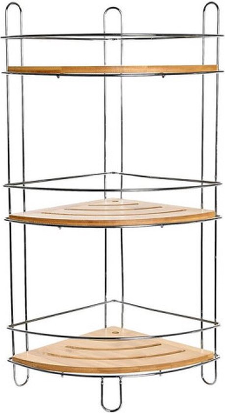 Badkamer/douche hoek plankjes staand rekje van chrome metaal en bamboe ...