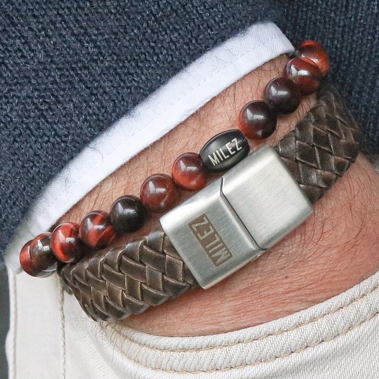 Milez - Armband mannen - armband heren leer breed - Bruin - Maat M | bol