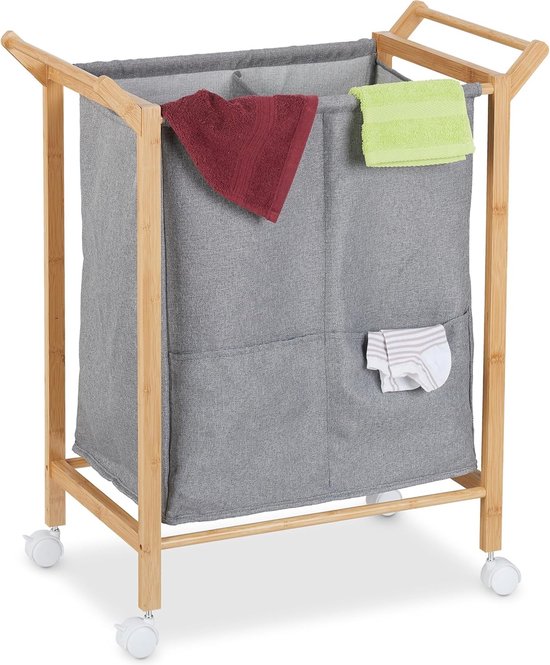 Wasmand met 2 Compartimenten en Wielen - 80L Bamboe en Stof ...