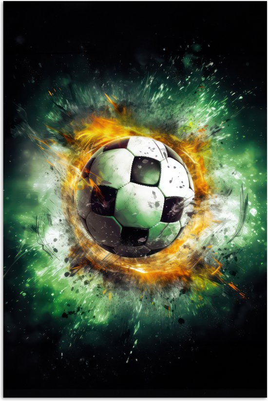 Poster 60x90 cm - Bal - Voetbal - Groen - Oranje - Rook - Posters - Wanddecoratie... | bol