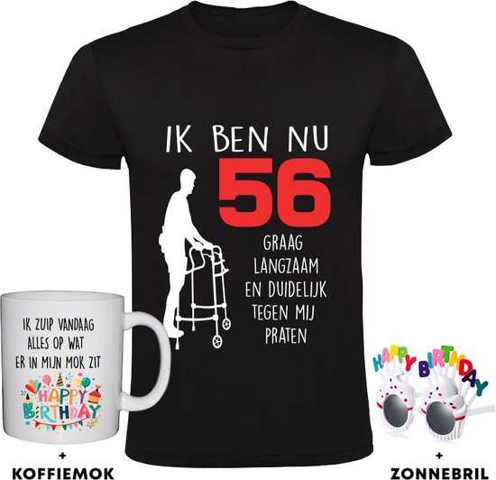 56 jaar Heren T-shirt + Koffiemok + Happy birthday bril - 56e ...