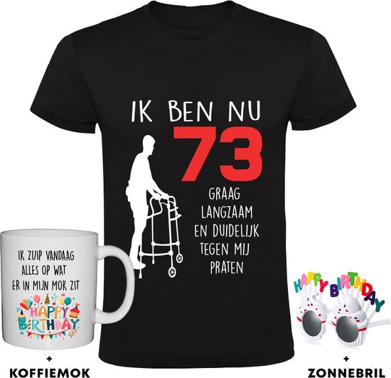 73 jaar Heren T-shirt + Koffiemok + Happy birthday bril - 73e ...