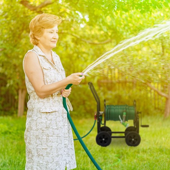 Slanghaspel metaal 4 rubberen wielen zwengel zwart - tot 60 m slangen ...