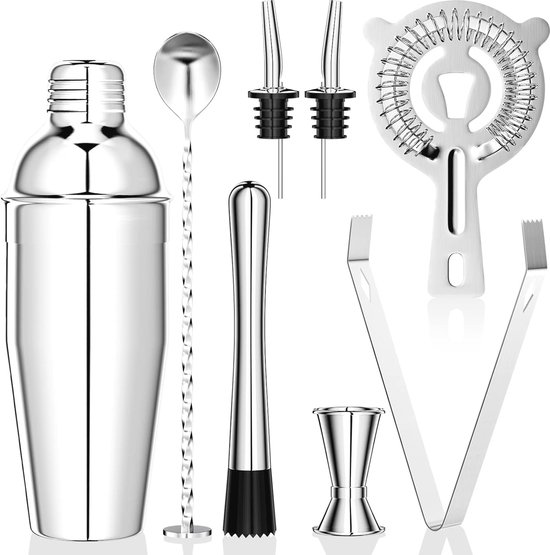 Cocktailset 750 ml - 8-delig, roestvrijstalen shaker en bartools voor het bereiden van... | bol
