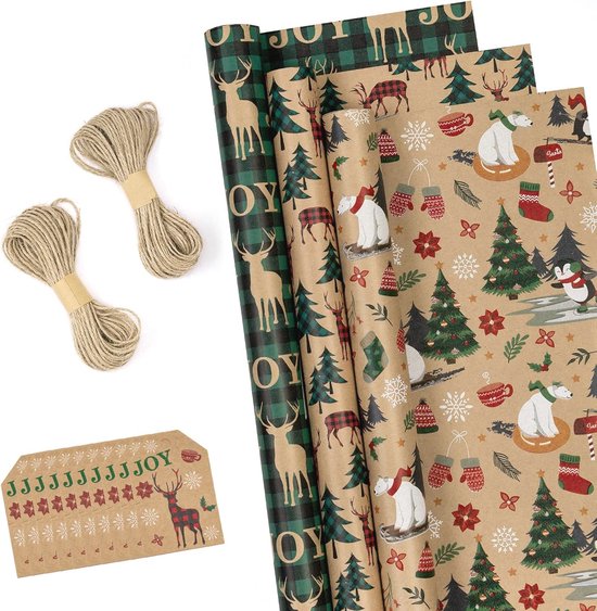 Kerstpapier Rollen met Etiketten en Jute Koord - 3 Rollen, 43 cm x 3 m ...