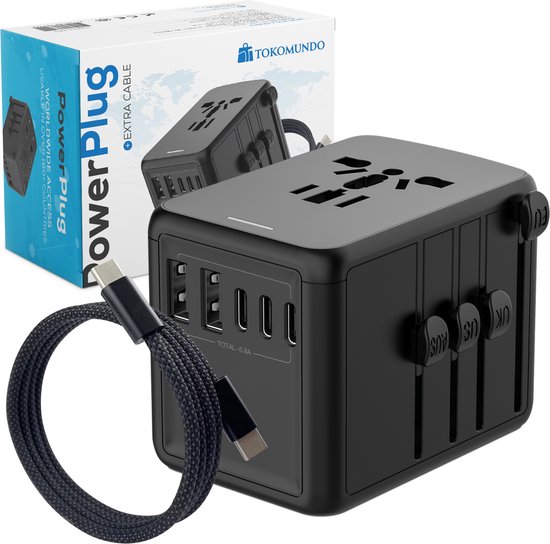 PowerPlug Wereldstekker Universeel met USB C Kabel - Reisstekker 3x USB-C 2x USB A -... | bol