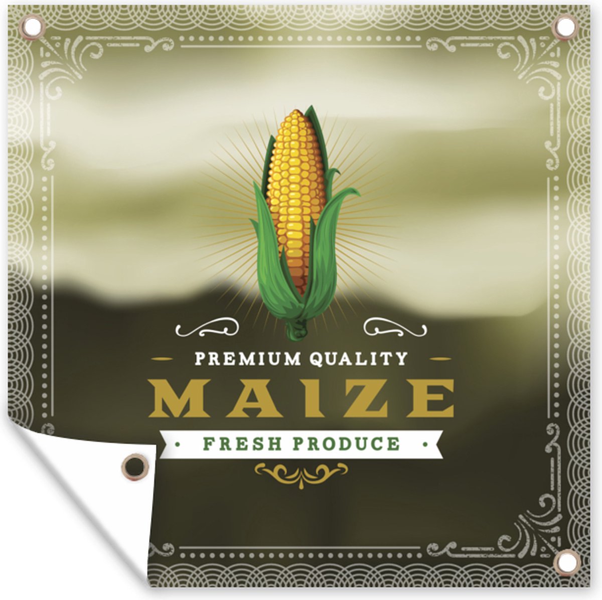 Tuin poster tekening van mais met de tekst 'Maize, fresh produce ...