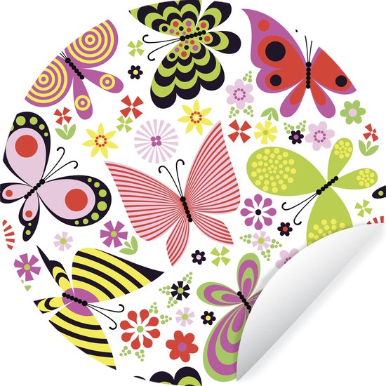 WallCircle - Muurstickers - Behangcirkel - Een illustratie van vlinders en bloemen -... | bol